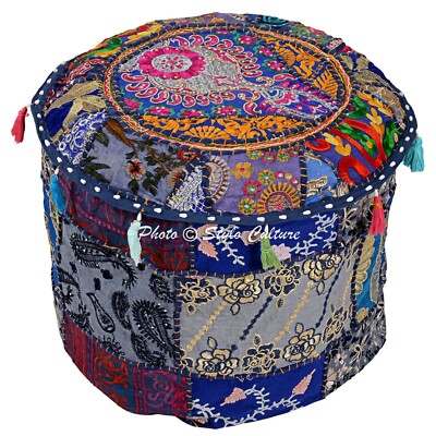 Ethnic Round Pouf Cover Patchwork Embroidered Floor Pouffe Cover Cotton ...