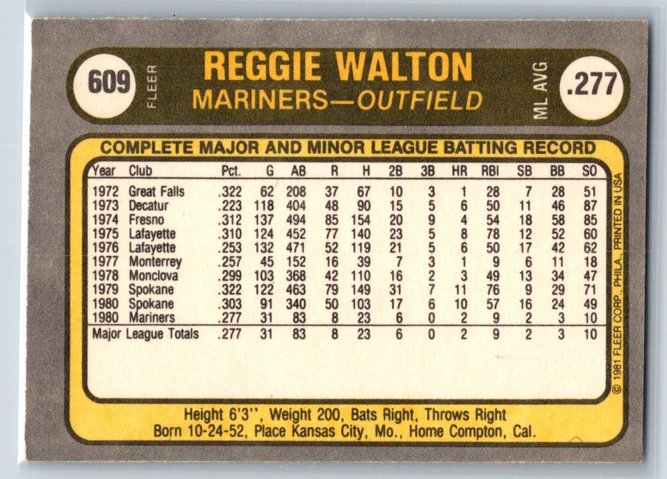 1981 Fleer #609 Reggie Walton NM Seattle Mariners RC | eBay