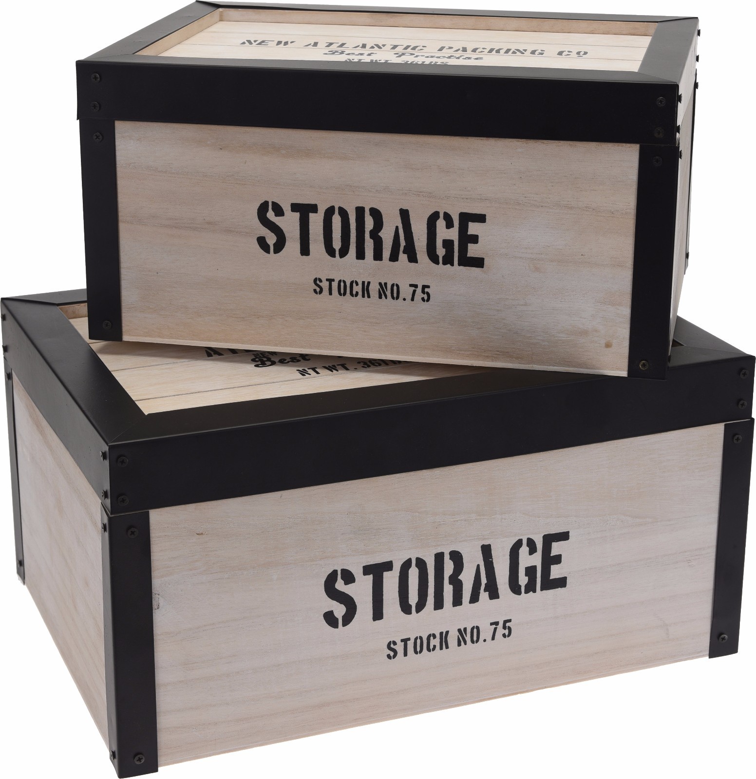 Set of 2 Retro Wood Storage Boxes With Black Metal Trims. Nestable ...