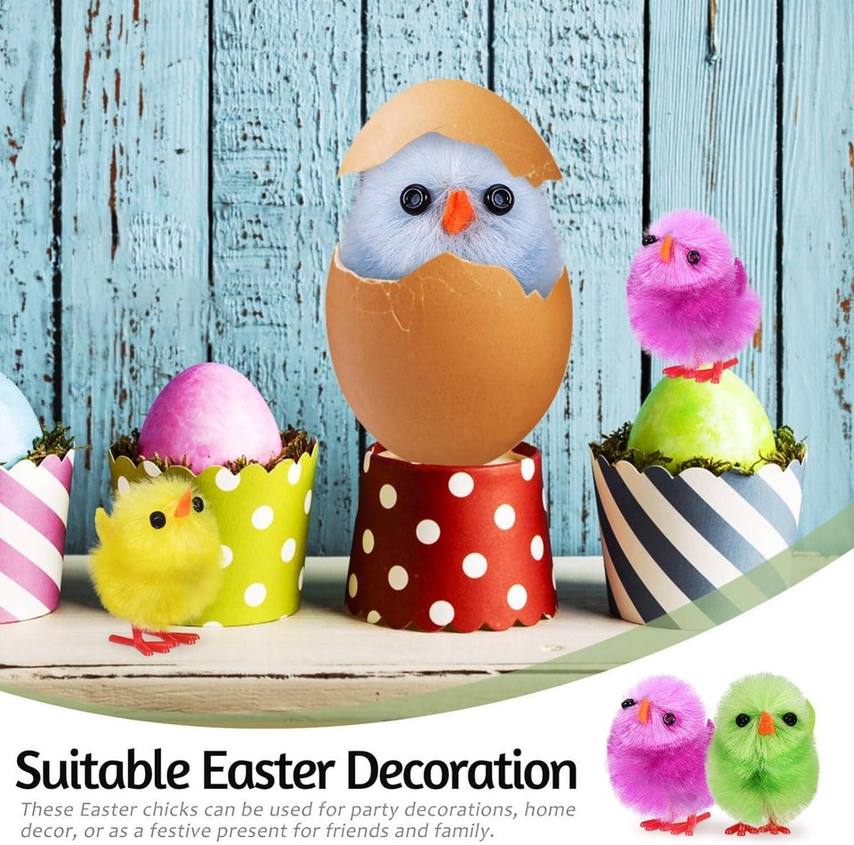 12 X Easter Chicks Mini Multicoloured Fluffy Chicken Small Party ...