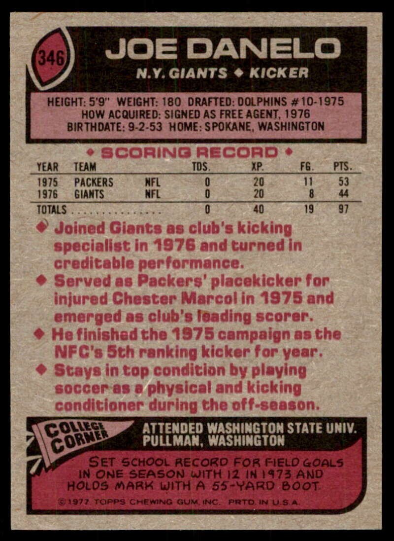 1977 TOPPS Football Vintage Trading Card #346 🤠 JOE DANELO, New York ...