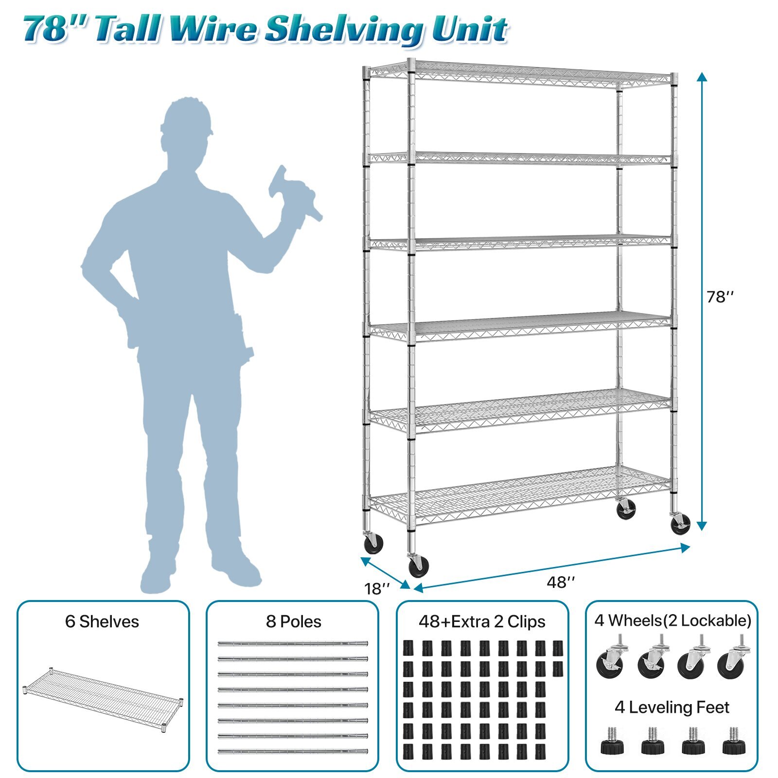 6 Tier Wire Shelving Unit 6000LBS Heavy Duty Metal Storage Shelf Rack w ...