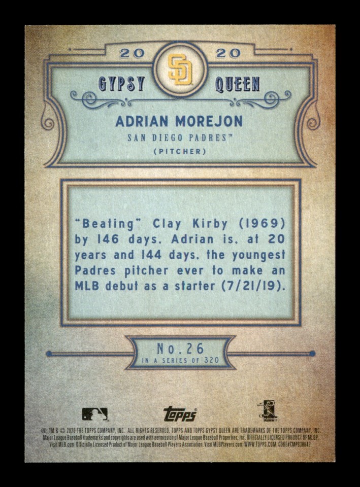 2020 Topps Gypsy Queen #26 Adrian Morejon Rookie RC Padres Baseball ...