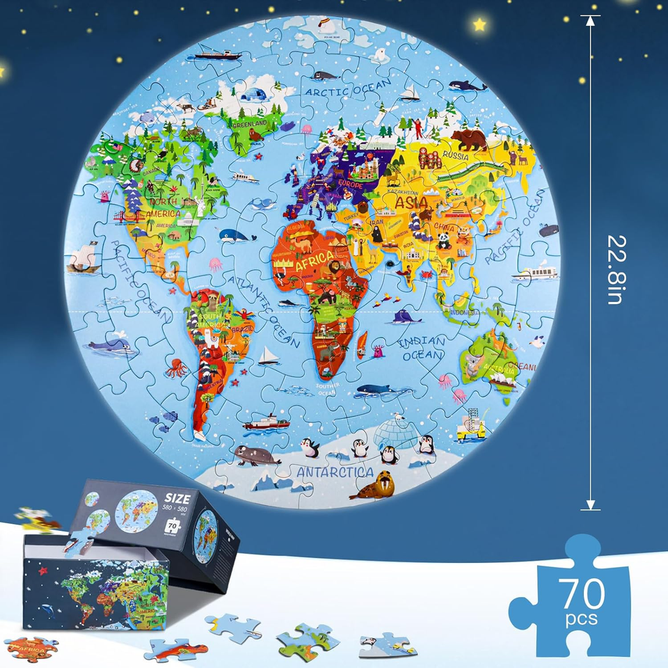 World Map Jigsaw Puzzle for Kids 4-8, 70 Piece Large Round Floor ...