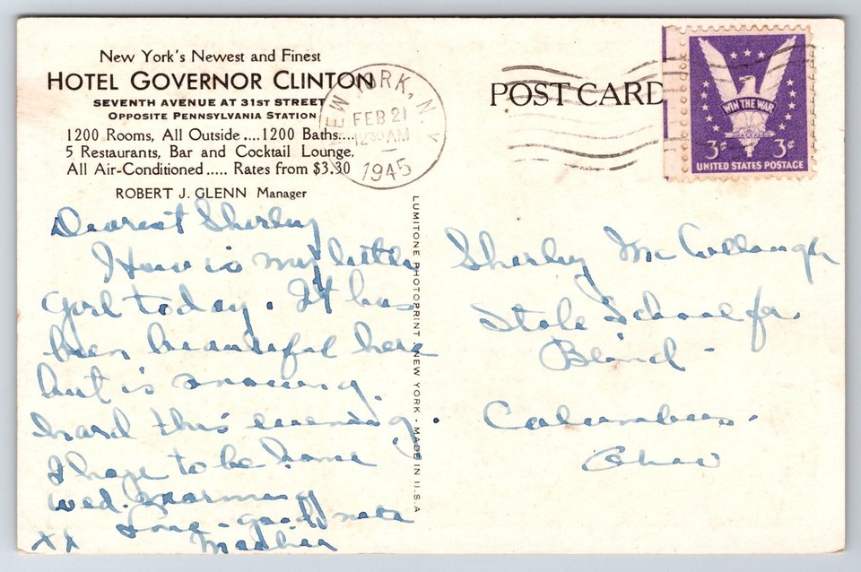 Vintage Postcard POSTED Hotel Governor Clinton New York City New York ...