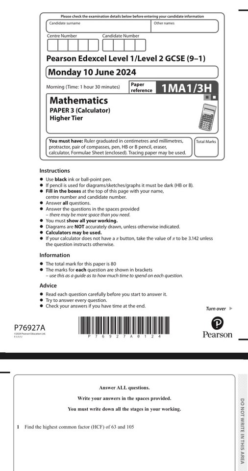 2024 GCSE Edexcel Maths Higher Paper 1, 2 & 3 (SENT VIA EMAIL) | eBay UK