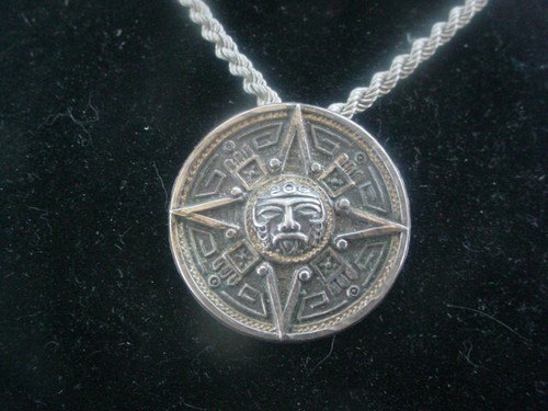 VINTAGE STERLING SILVER AZTEC CALENDAR BROOCH PENDANT NECKLACE WITH ...