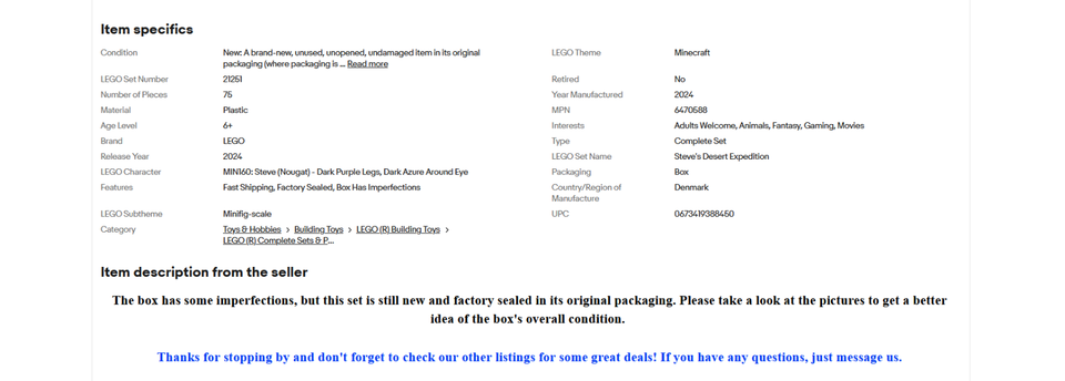 LEGO - 21251 - Steve's Desert Expedition - New - Minecraft - Ships Fast ...