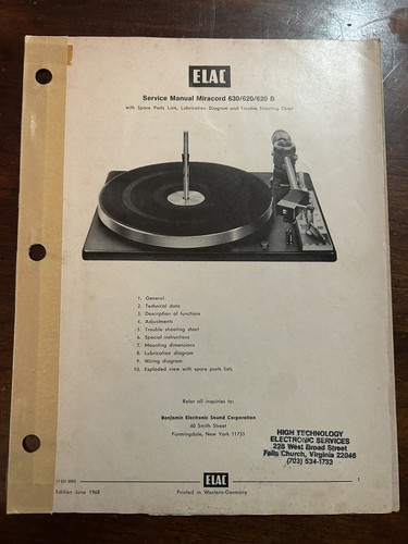 ELAC Miracord Turntable Record Player 630 620 620B Service Manual ...