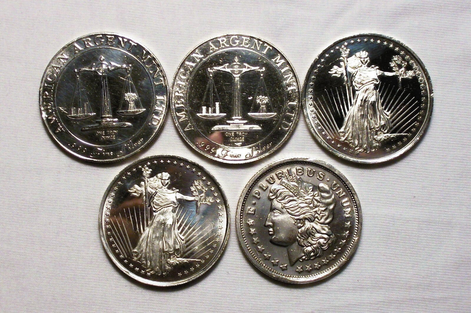 Lot of Five Silver Rounds - 3 x 1 Toy Oz. & 2 x 1 Oz.999 Fine Silver ...