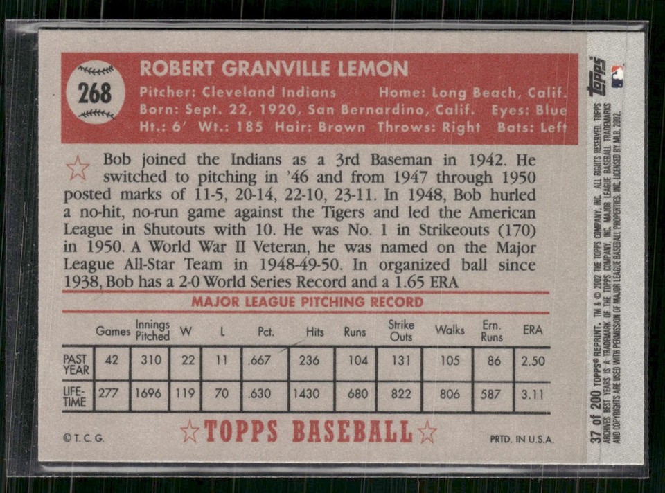 2002 Topps Archives #37 Bob Lemon | eBay