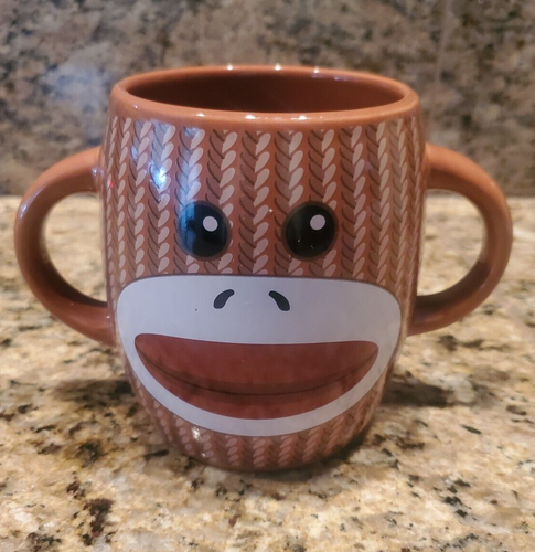 Gallerie Brown Sock Monkey Cup Mug 4" 2 Ear Double Handle 14oz Kids Fun ...