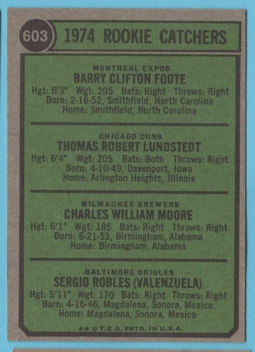 1974 Topps Rookie Catchers - Barry Foote/Tom Lundstedt/Charlie Moore ...
