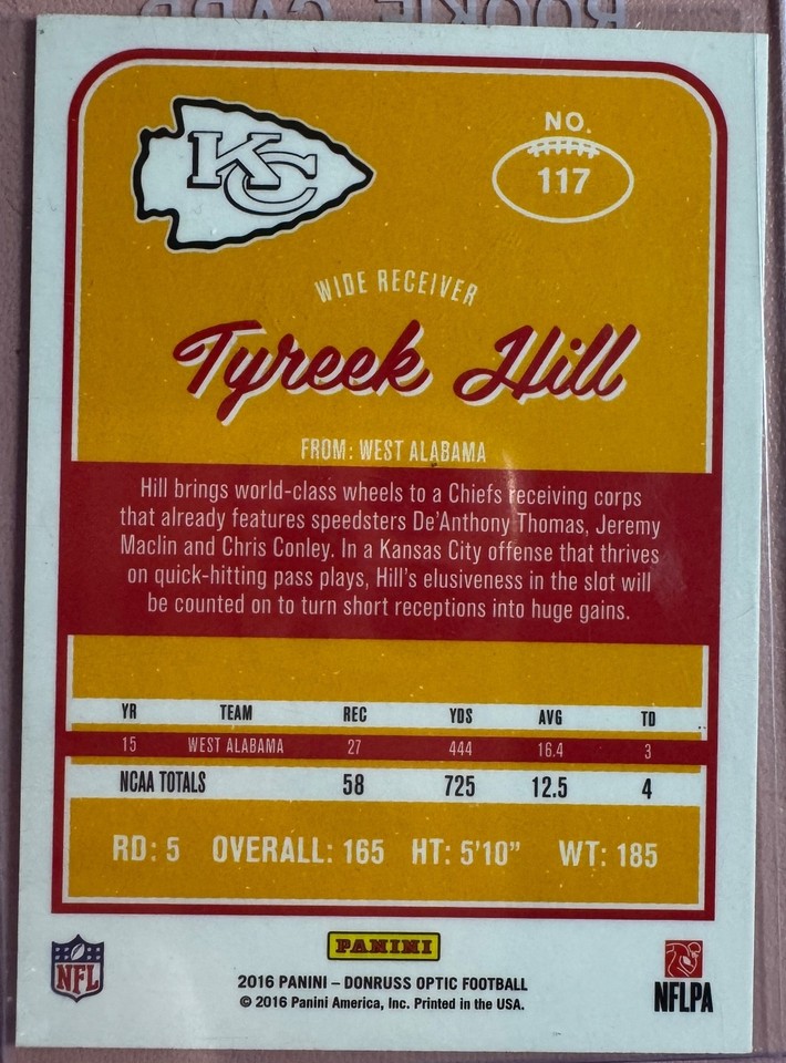 2016 Donruss Optic #117 Tyreek Hill RC Rookie Kansas City Chiefs NFL ...