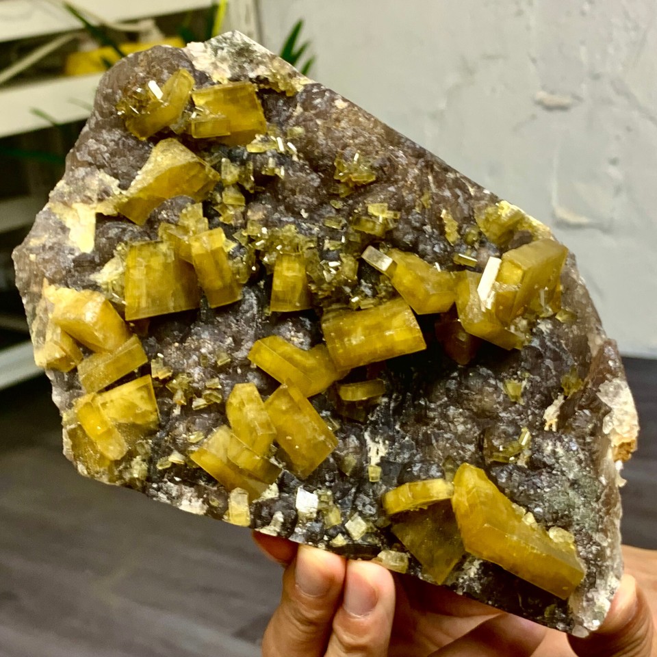 3.72LB Shiny Golden Cuboid Barite Crystal Based on the Purple Spherical ...