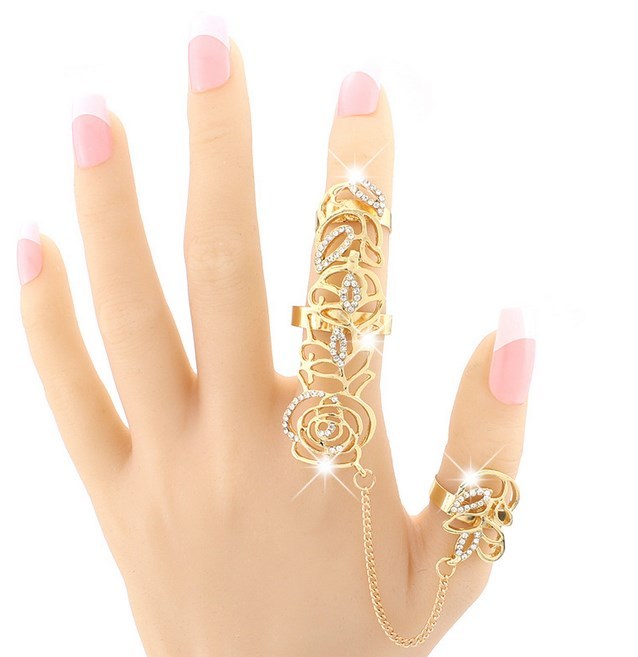Fashion Charm Hollow Out Flower Leaf Full Finger Link Double Finger ...