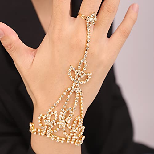 Dainty Lotus Flower Rhinestone Crystal Hand Chain & Bracelet - Silver ...