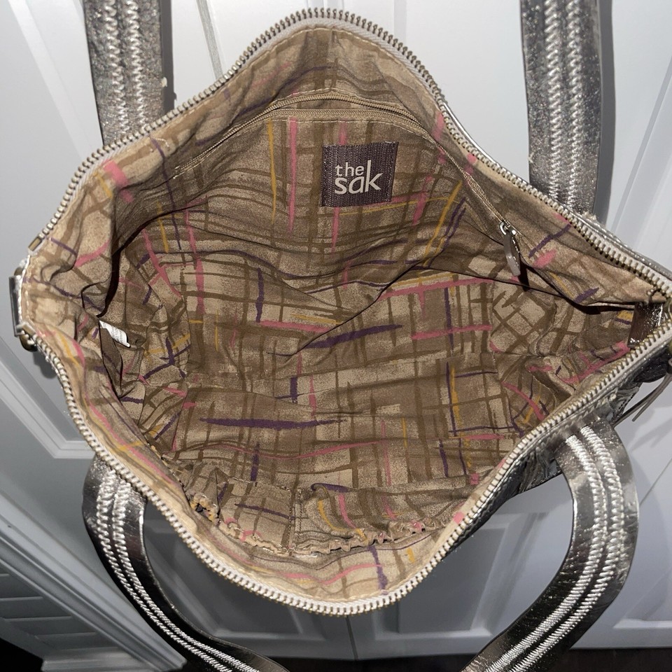 RARE The Sak Metallic Chrome Silver Pig Leather Shiny Shoulder Hobo Bag ...