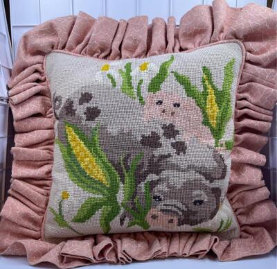 Needlepoint pig piglet throw pillow pink ruffled finished Grannycore ...