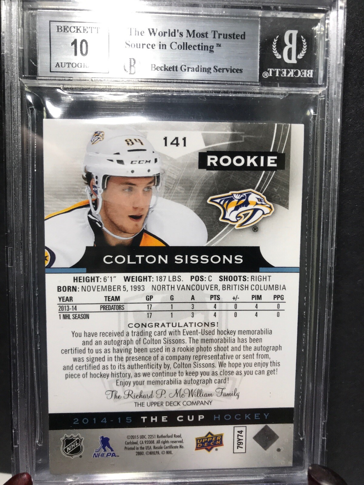 COLTON SISSONS 14-15 THE CUP ROOKIE AUTO 10 PATCH STAR PREDS #034/249 ...