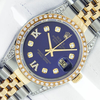 Rolex Mens DateJust Blue Diamond Dial Steel - 18 Karat Gold Diamond ...