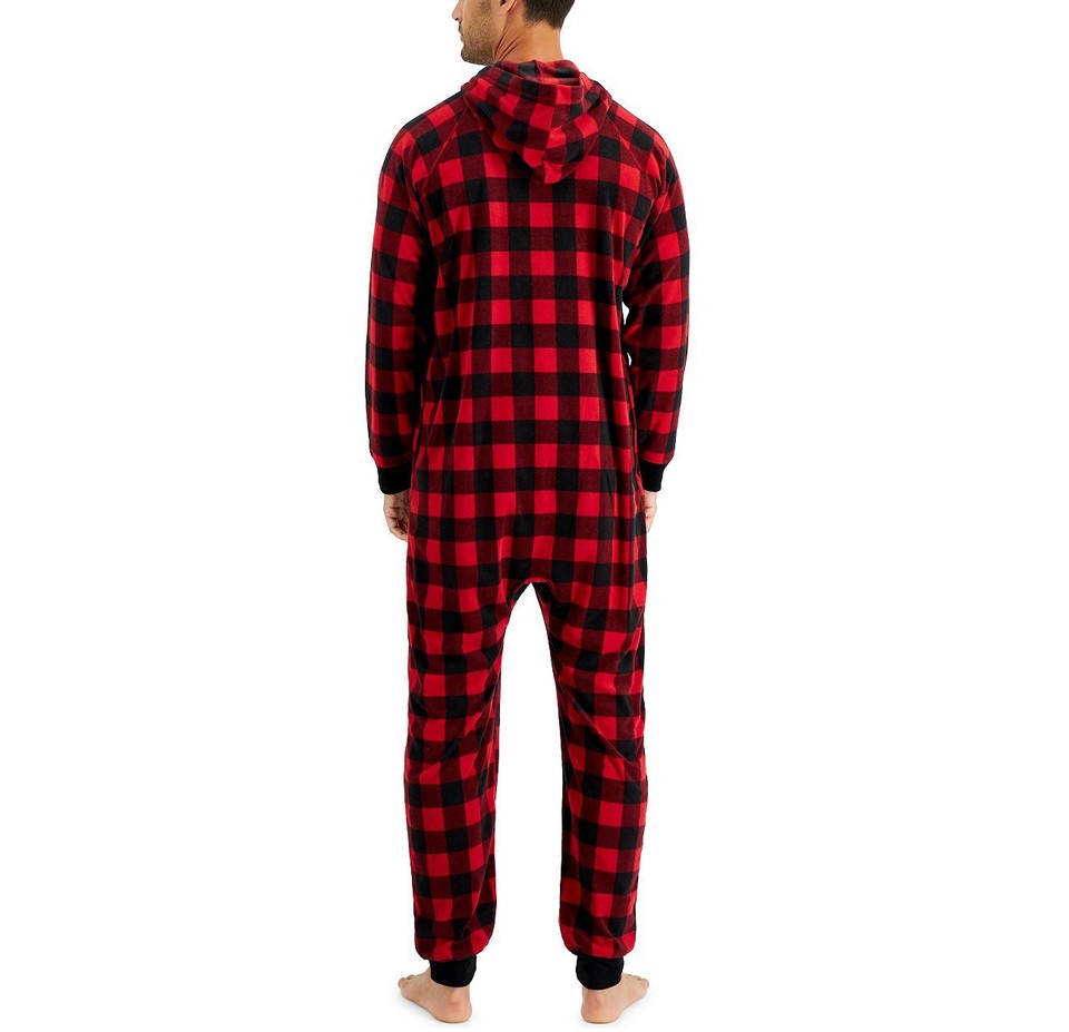 Family Pajamas Mens Jumpsuit Hoodie Fleece Check Printed Pajamas, Red ...