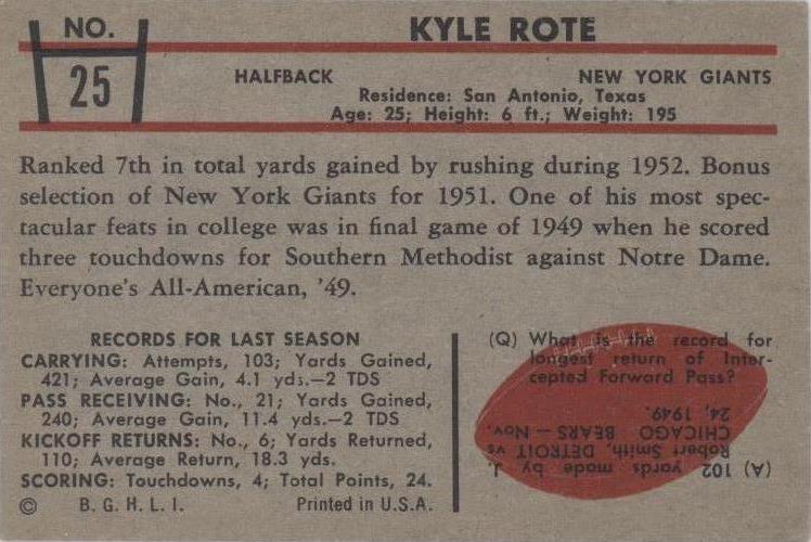 1953 Bowman Kyle Rote #25 for sale | eBay