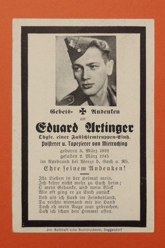 WW2 German Death Card Paratrooper Battalion 1945 Goch at the River ...