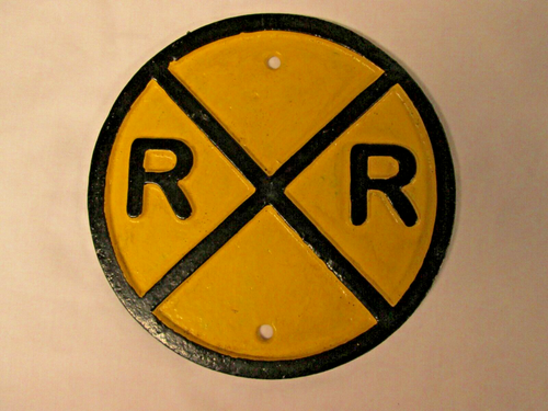 CAST IRON YELLOW BLACK RAILROAD CROSSING ROUND SIGN SMALL DEPOT TRAIN ...