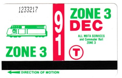 BOSTON - MBTA Monthly Pass Dec. 1991 ZONE 3 | eBay
