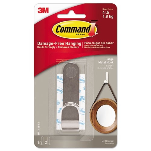 Command Large Modern Metal Brushed Nickel 1 Hook 2 Strips Decorative ...