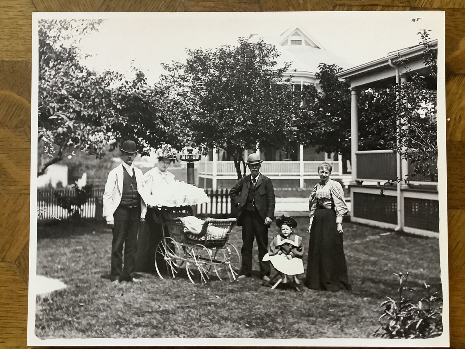 Reprint Darkroom Photo Family Portrait In Garden W/wicker Baby Carriage ...