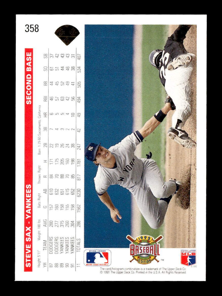 1992 Upper Deck #358 Steve Sax New York Yankees GEM-MT Baseball Card ...