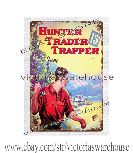 house interior design Hunter Trader Trapper 1937 fishing metal tin sign ...
