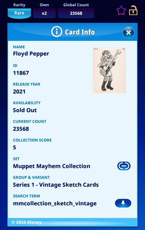 Topps Disney Collect Digital Muppet Mayhem FLOYD PEPPER Vintage Sketch ...