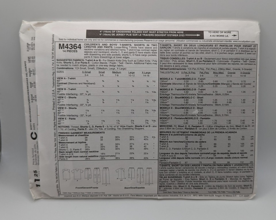 McCall's 4364 Kidstuff Child's T-Shirt, Shorts & Pants Pattern Sizes M ...