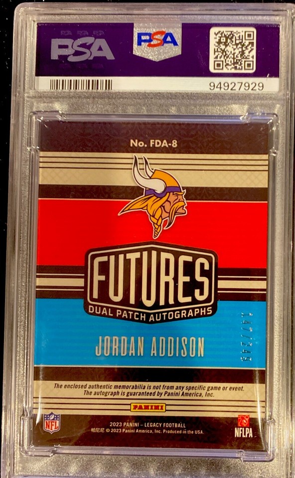 2023 Legacy Jordan Addison Futures Dual Patch Autograph RC 147/249 PSA ...