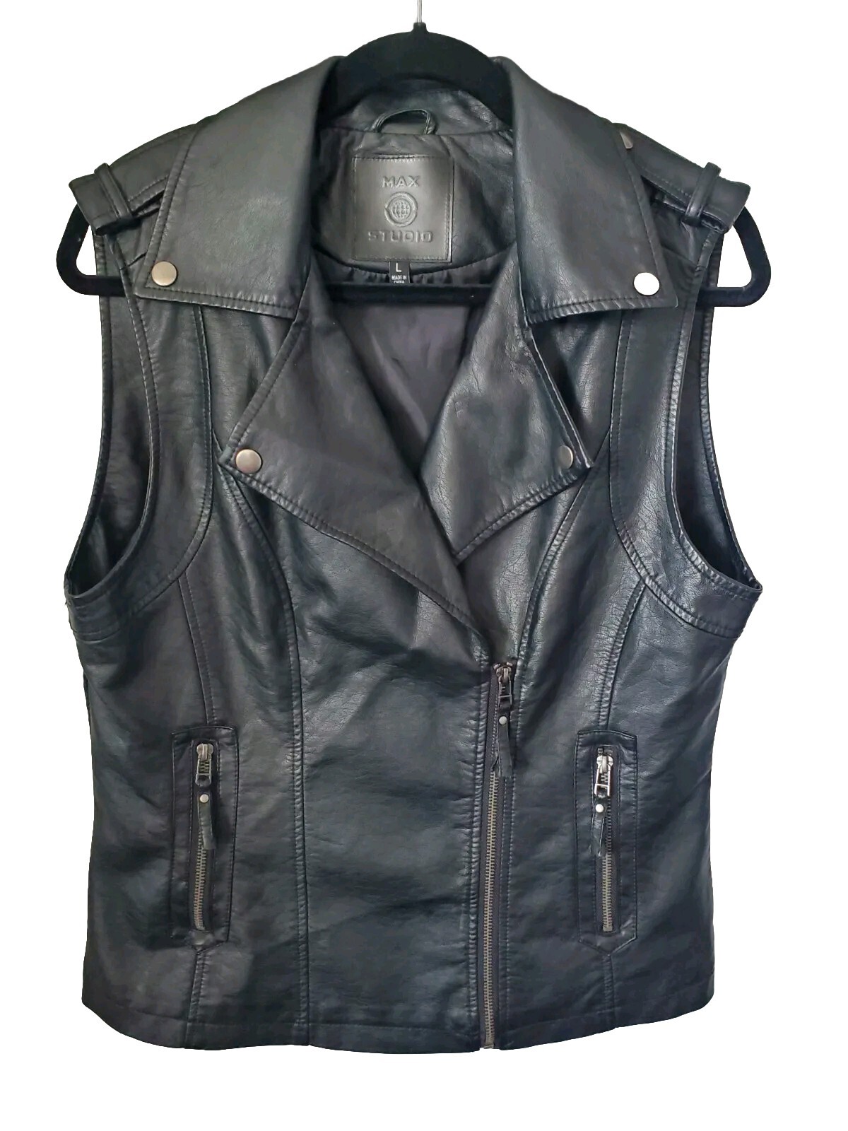 Max Studio Women's Black Vegan Faux Leather Biker Punk Rock Vest Size ...
