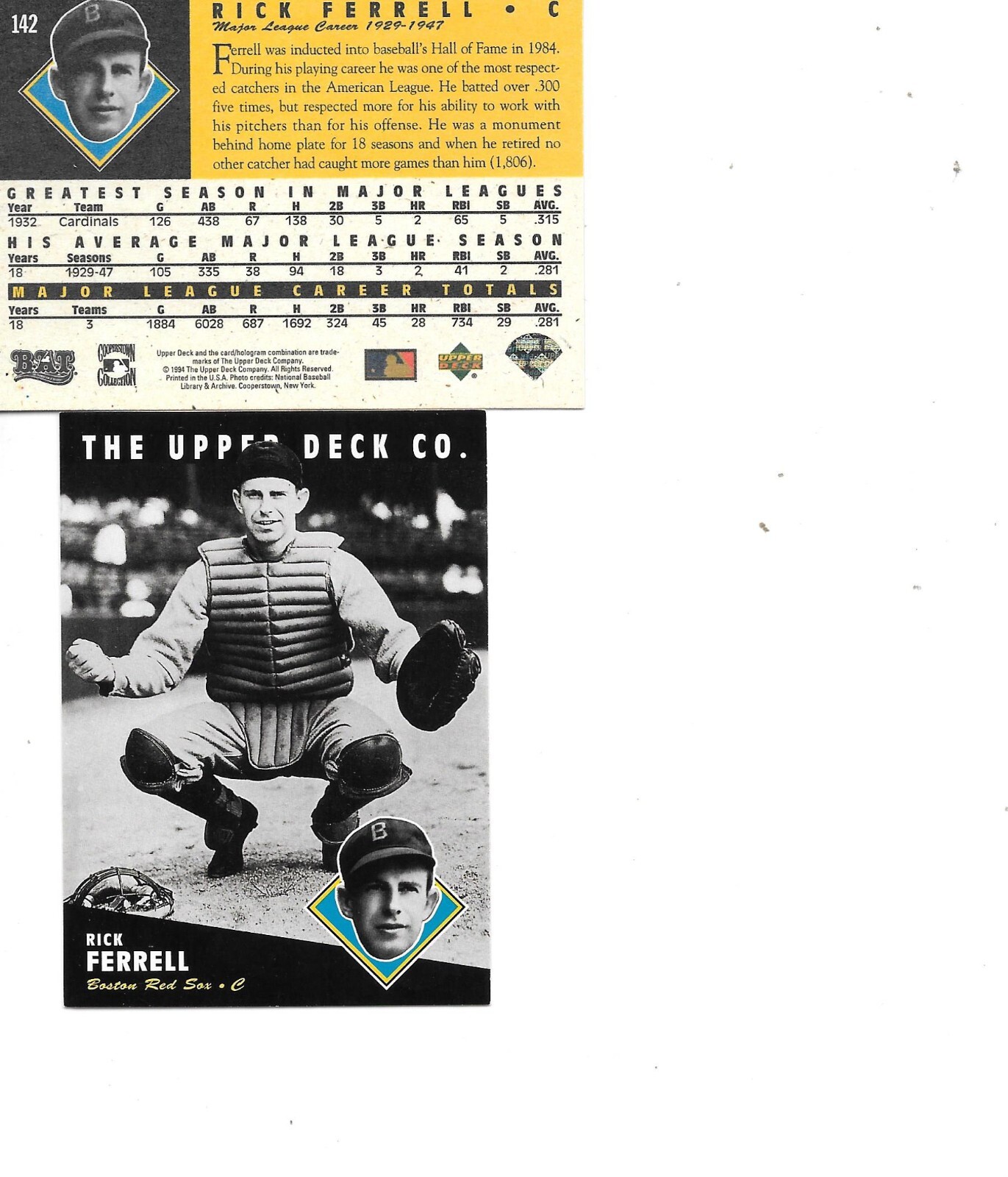 Rick Ferrell 1994 Upper Deck All-Time Heroes 125th Anniv MLB Card #142 ...