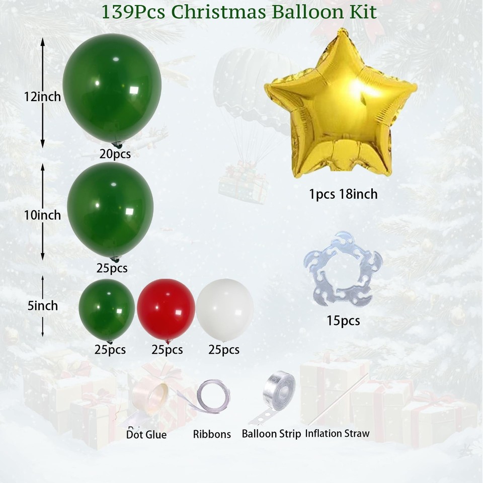 139Pcs Christmas Tree Balloon Arch Garland Kit with Dark Green Red ...