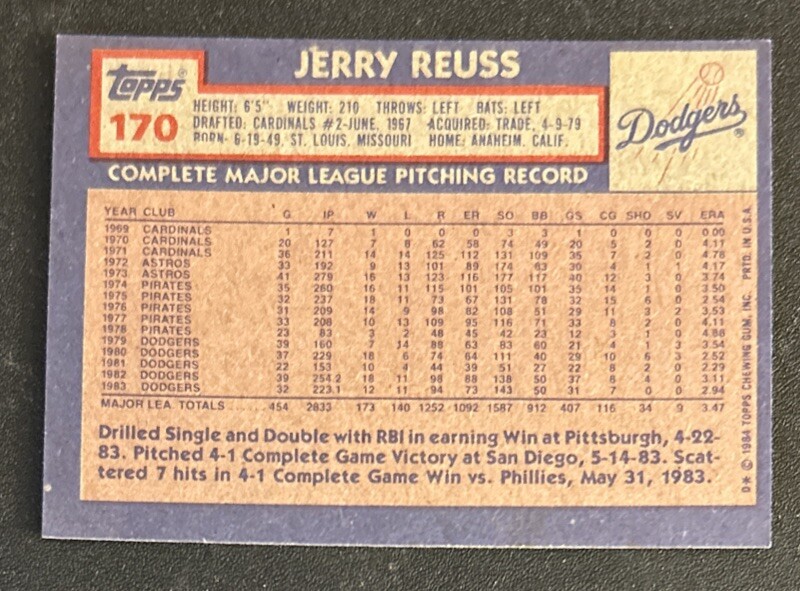 1984 Topps Jerry Reuss Baseball Card #170 Dodgers Pitcher VG O/C | eBay