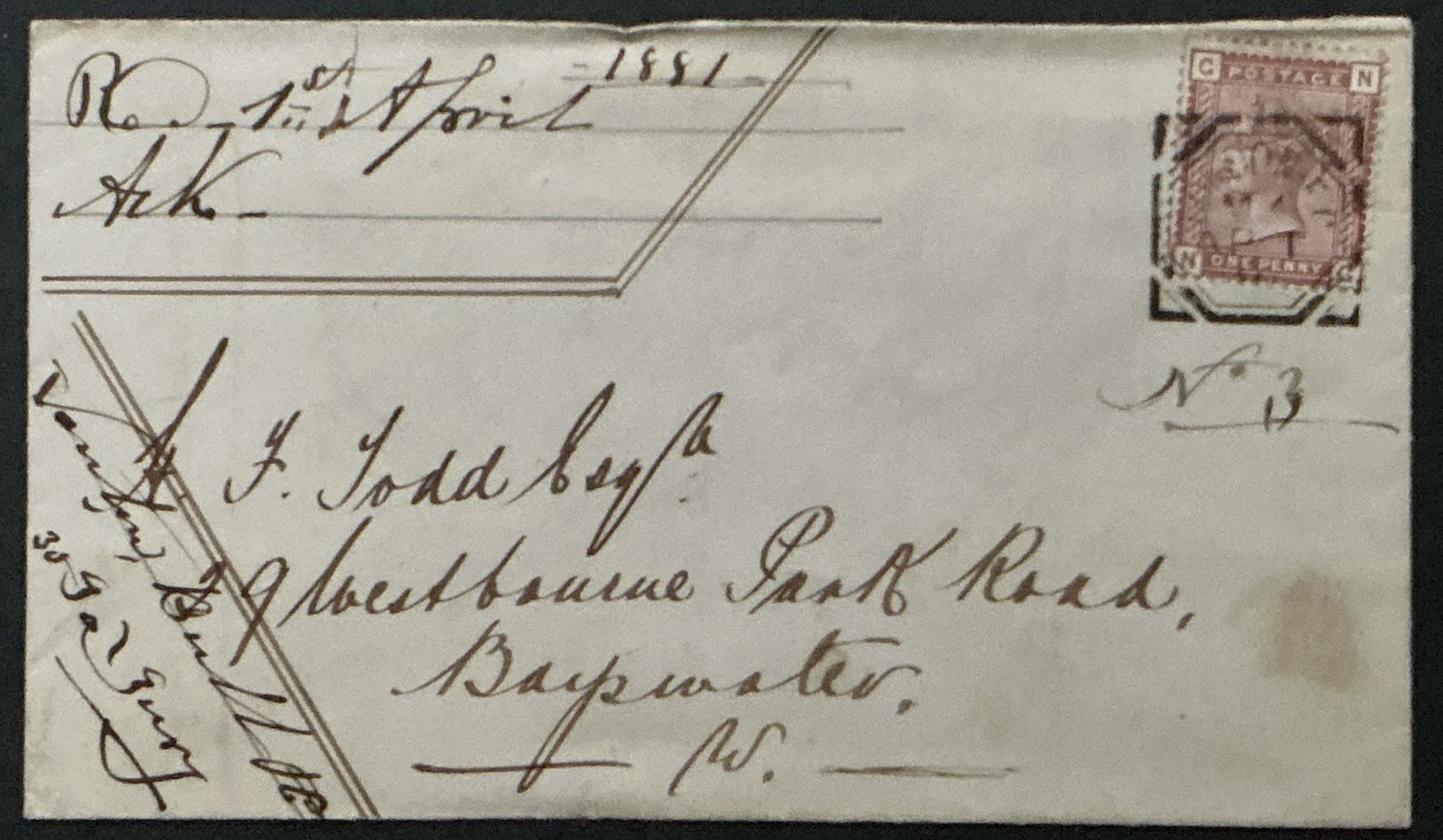 GB STAMP SG166 VENETIAN RED 1d. ON ENVELOPE 1/4/1881, SEE DESCRIPTION ...