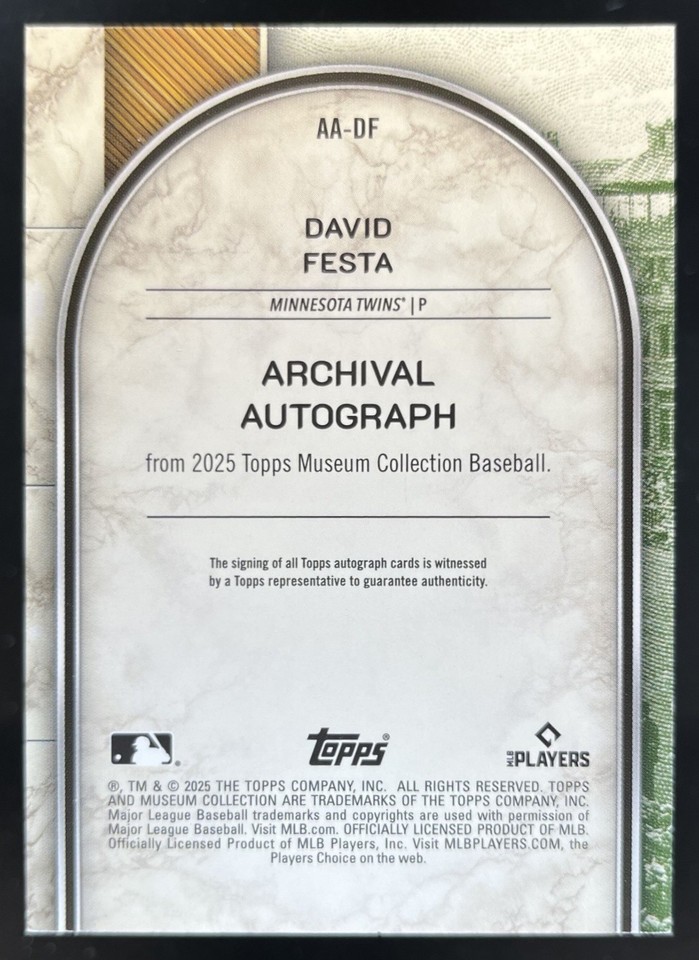 2025 Topps Museum Collection David Festa RC Auto Archival /199 Twins # ...