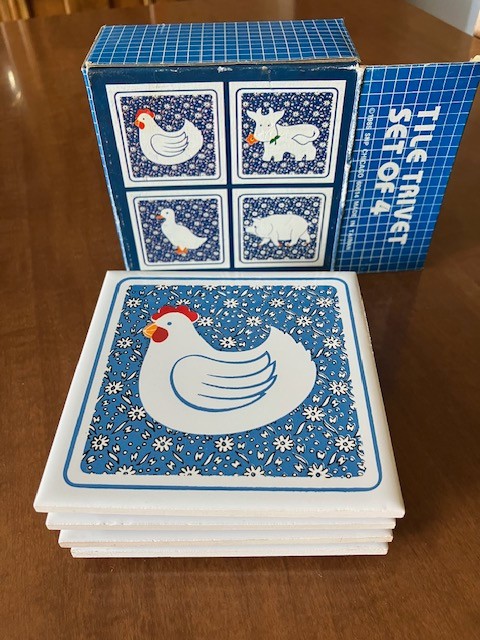 1985 SNP Tile Trivets- Set of 4 Farm Animals Ceramic Blue w/ Box | eBay