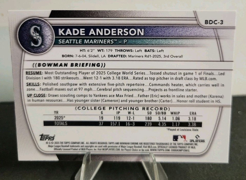2025 Bowman Draft - Kade Anderson 1st Chrome #BDC-3 (RC) | eBay
