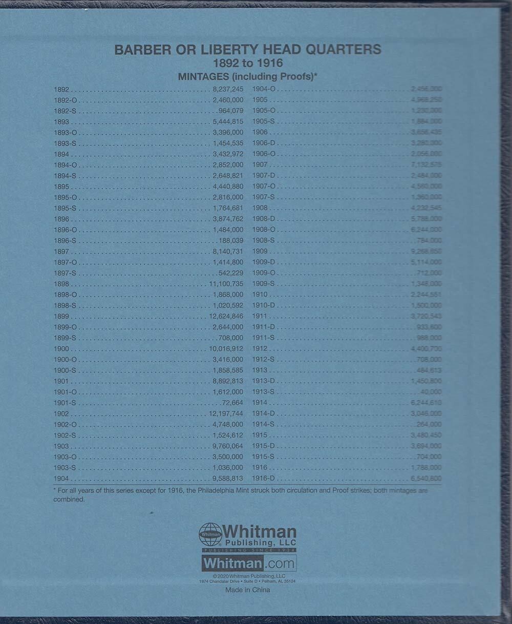 US Barber Liberty Head Quarters 1892-1916 Coin Album Whitman 9120 New ...