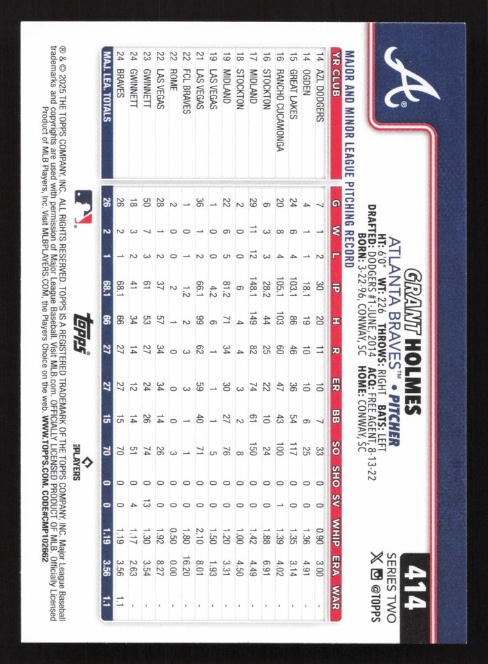 2025 Topps Series 2 #414 Grant Holmes RC Rookie Card Atlanta Braves QTY ...