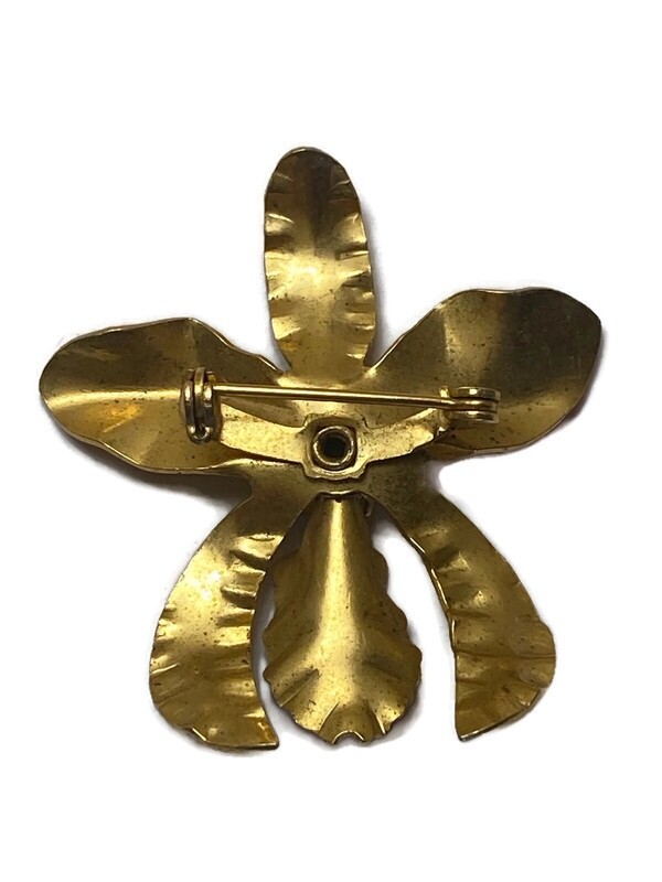 Vintage Gold Tone Orchid Flower Brooch Pin w Purple Center Stone 1 3/4 ...