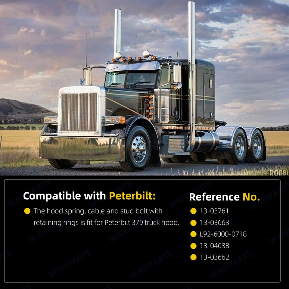 For Peterbilt 379 Cable, Hood Spring and Stud bolts w/ Retaining Rings ...