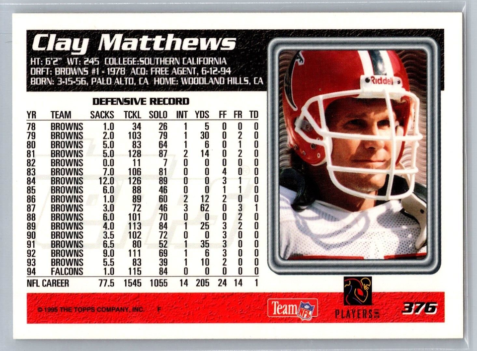 1995 TOPPS CARD # 376 Clay Matthews - Atlanta Falcons | eBay